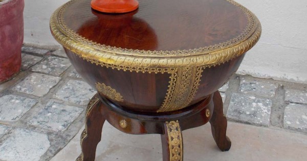 Wooden Nagada (Drum) Table on Tripod Stand- Embossed Brass Art Embellished.