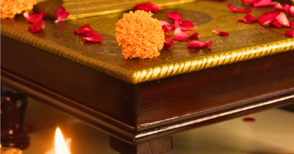 Wooden Square Pooja Chorang Embossed Brass Art 12 x 12 x 6 Inches